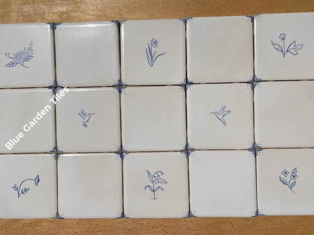 Small Hummingbirds and flowers: 15 hand painted 4.25" tiles. French Co ...