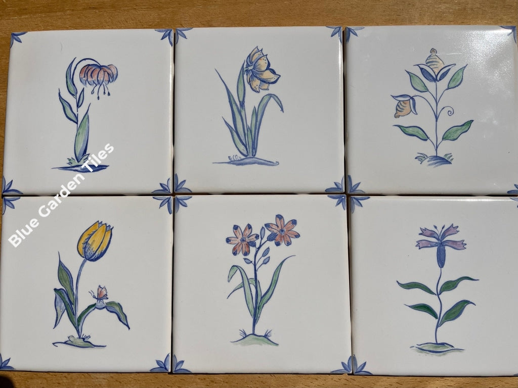 Set of six 6" hand painted tiles, Delft style with color – Blue Garden ...