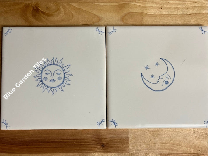 Two hand painted 6" tiles – Blue Garden Tiles